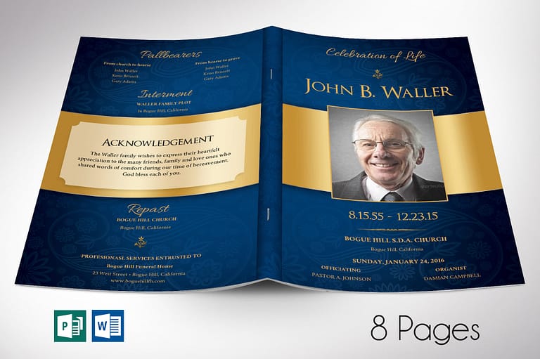 Blue and Gold Funeral Programs for Men - GraphicMule