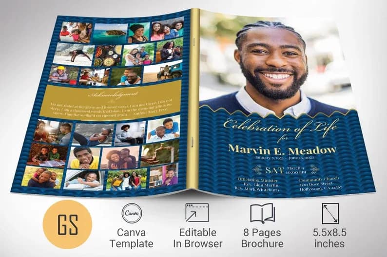 Blue and Gold Funeral Programs for Men - GraphicMule