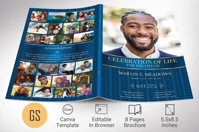 Blue and Gold Funeral Programs for Men - GraphicMule