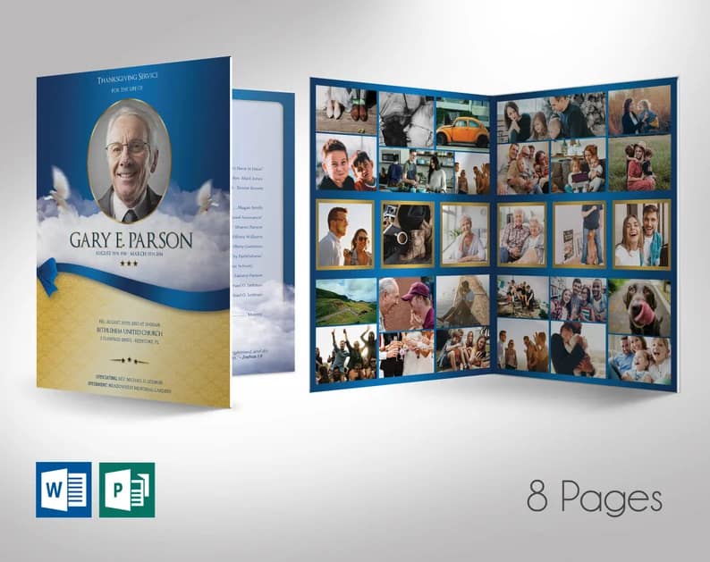 Blue and Gold Funeral Programs for Men - GraphicMule