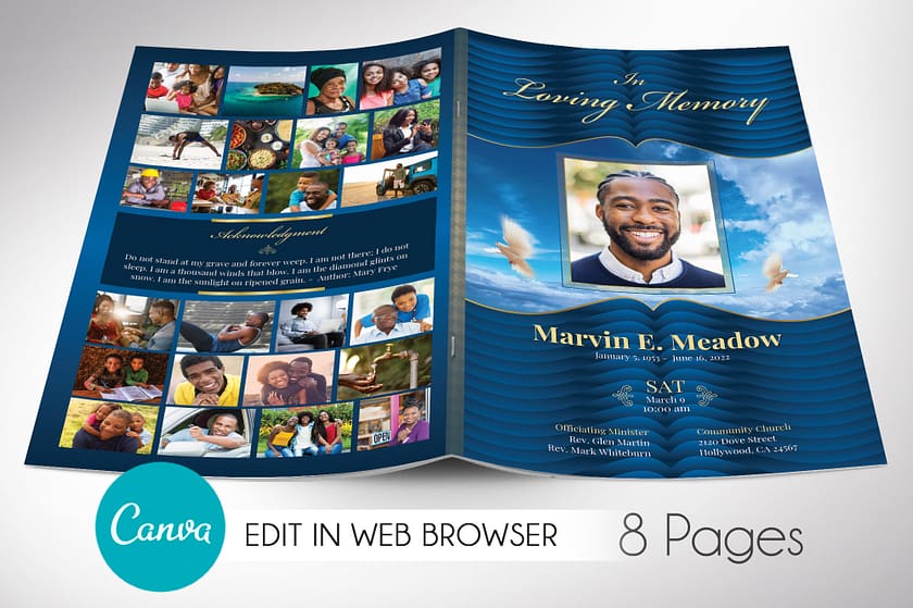 Blue and Gold Funeral Programs for Men - GraphicMule
