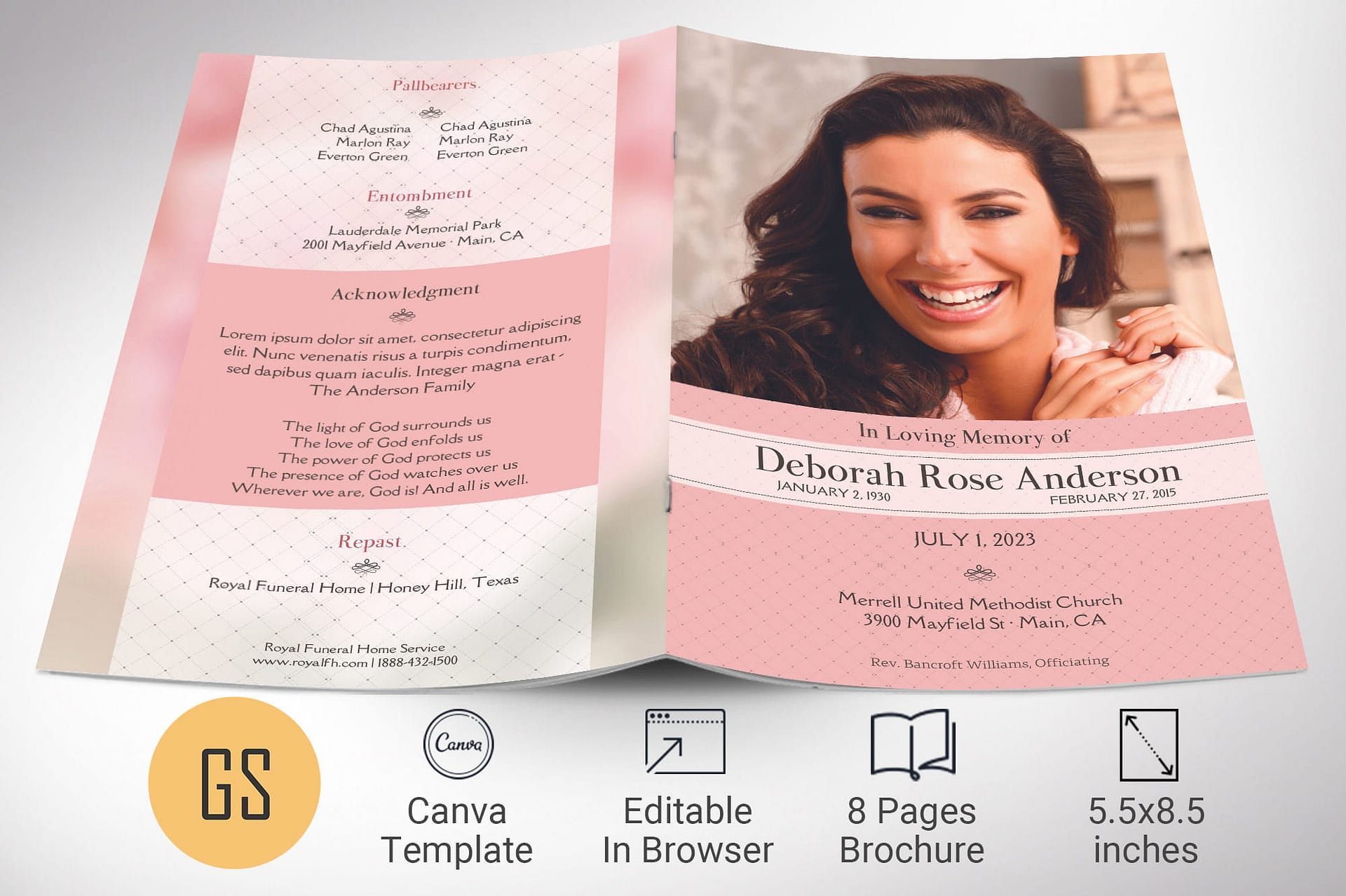 Glamour Funeral Program Template for Canva - GraphicMule